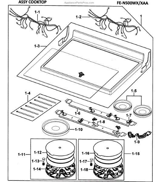Parts for Samsung FE-N500WX/XAA-0000: Electric Range Cooktop Assy Parts ...