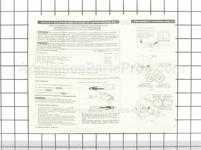 Frigidaire 316542414 Lp Conversion Kit - AppliancePartsPros.com